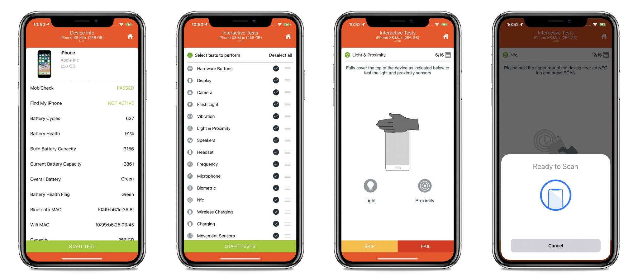 Mobile testing and erasure software with integrated Blacklist checking
